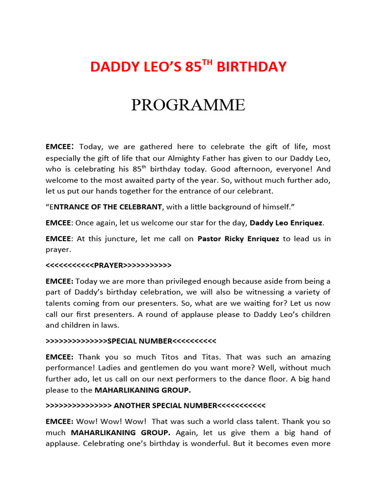 Emcee Script For Dadddy's Birthday | Download Free PDF | Traditions ...