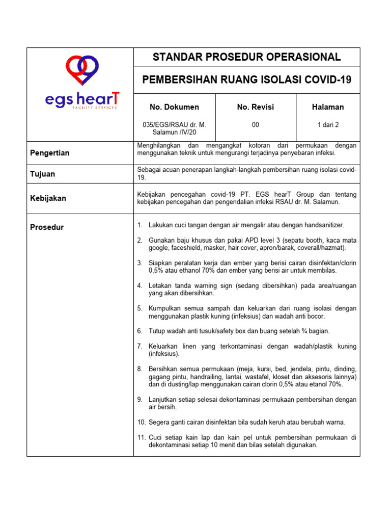 SOP Pembersihan Ruang Isolasi Covid | PDF