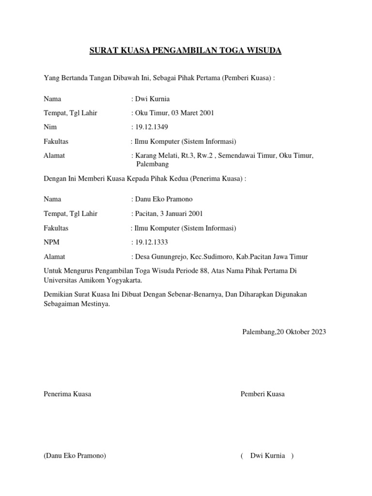 Surat Kuasa Pengambilan Toga | PDF