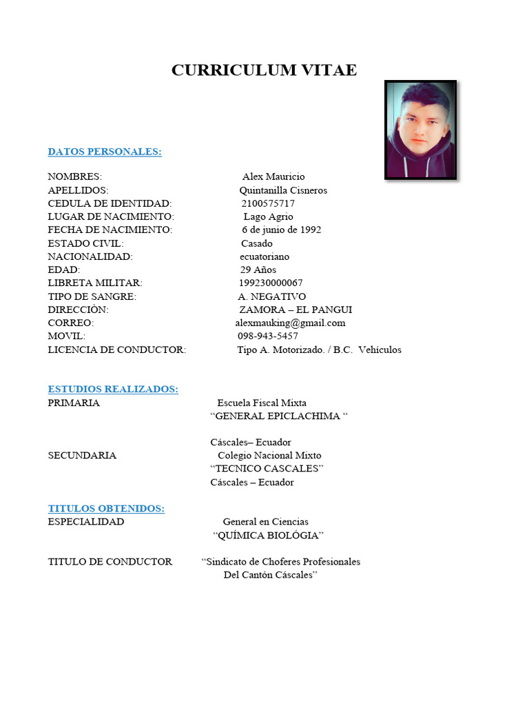 Hoja de Vida .Alex Quintanilla. | PDF