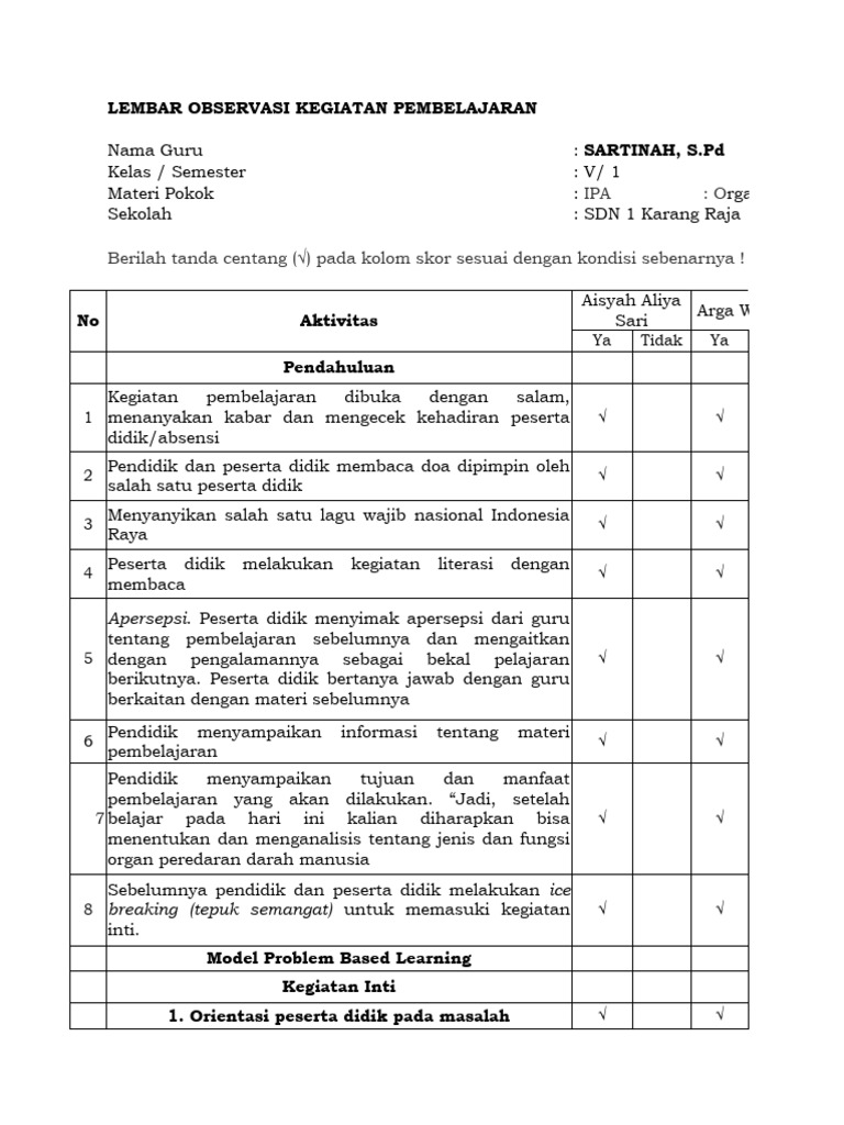 Lembar observasi Penilaian Pembelajaran | PDF
