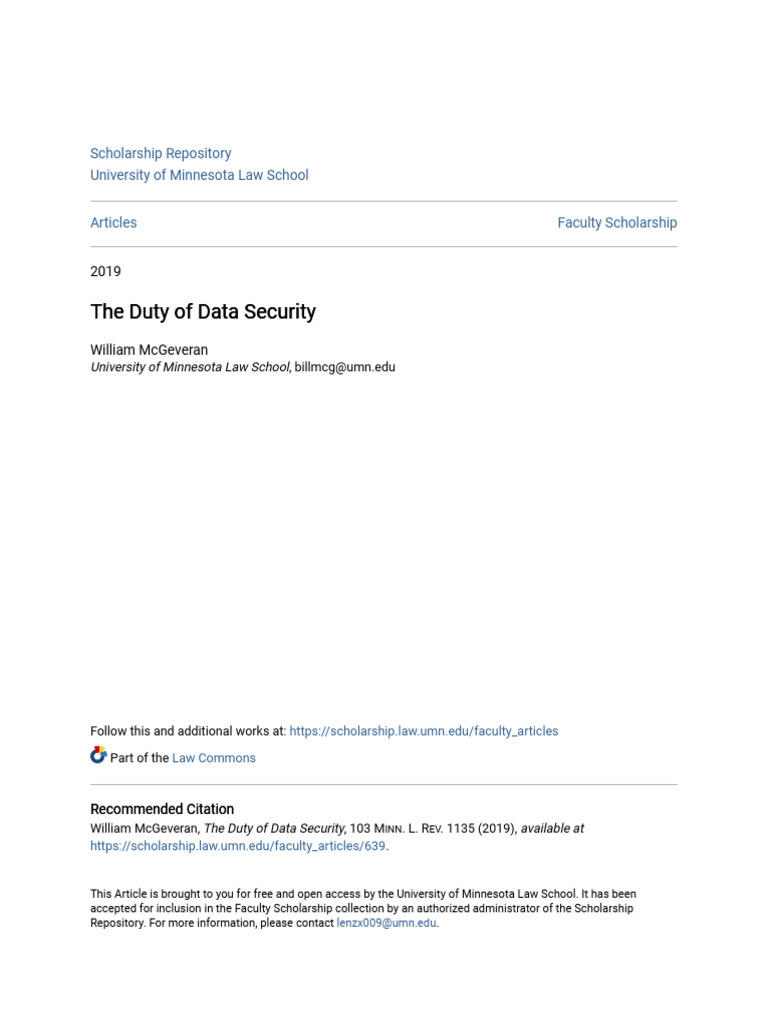 McGeveran The Duty of Data Security | PDF | Federal Trade Commission | American Government