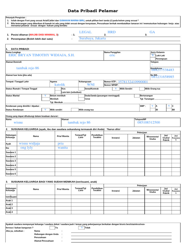 Formulir Data Pribadi Pelamar Kerja | PDF