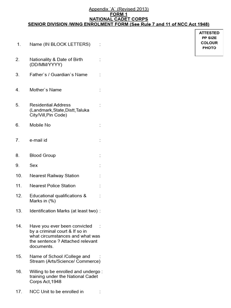 NCC Cadet Enrollment Form | PDF | Military Education And Training ...
