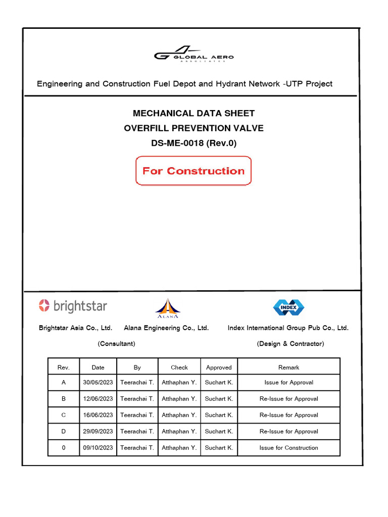 Ds-Me-0018 - Mechanical Data Sheet For Overfill Prevention Valve (Rev.0) | PDF | Pipe (Fluid ...