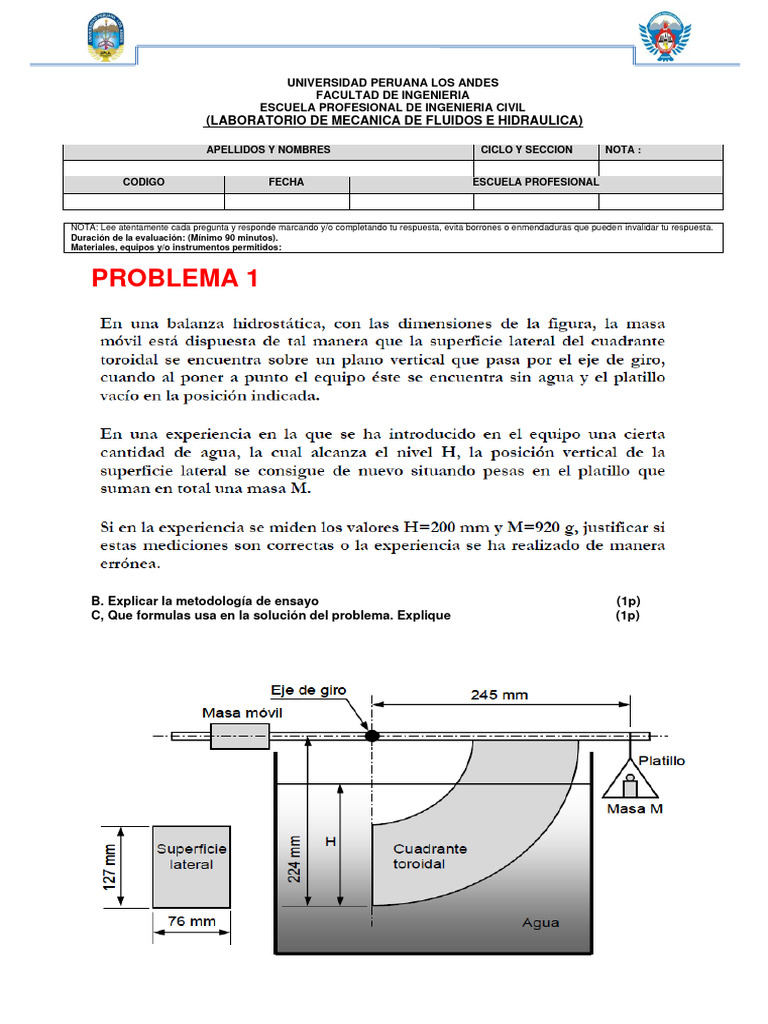 Examen Parcial 1 Ok Ok | Descargar gratis PDF | Mecánica de fluidos | Ciencias fisicas