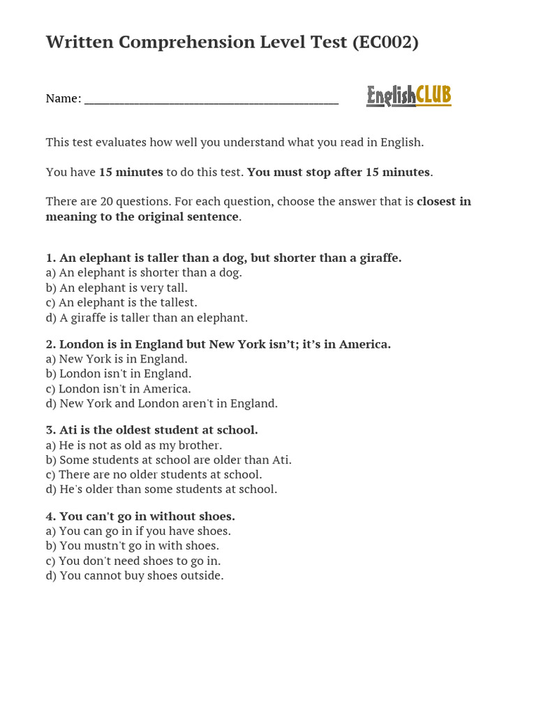 Written Comprehension Level Test Ec002 | PDF