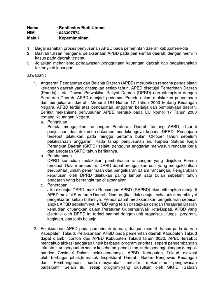 Tugas 1 - Administrasi Pemerintahan Daerah - Bonifasius | PDF