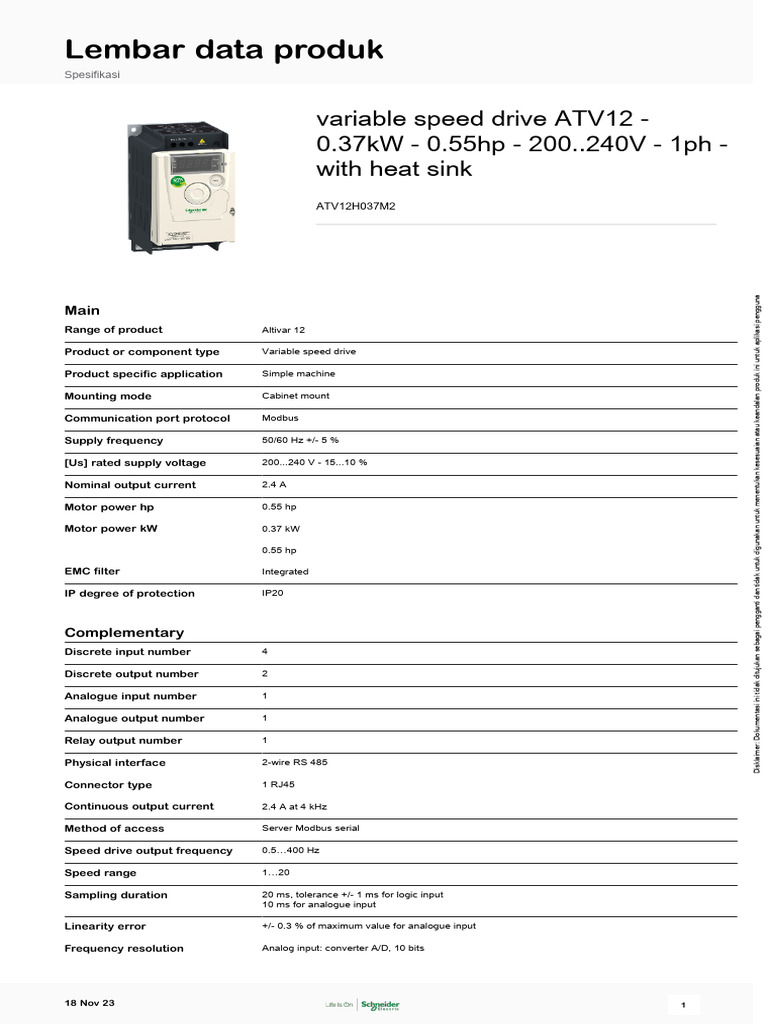 Atv12 Drive Atv12h037m2 | PDF | Electric Motor | Analog To Digital ...