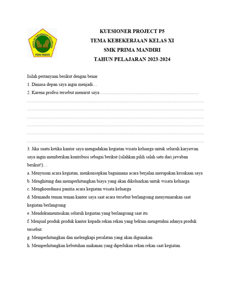 Kuesioner Project P5 | PDF