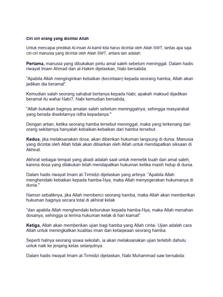 Ciri Ciri Orang Yang Dicintai Allah | PDF