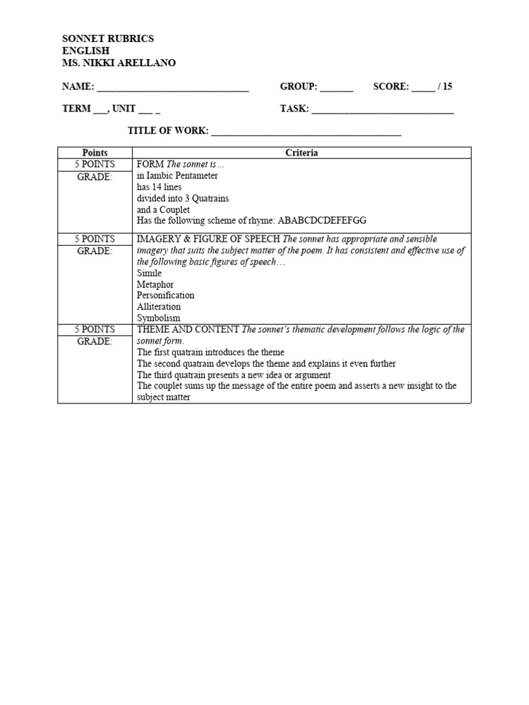 Sonnet Evaluation Rubric | PDF | Teaching Methods & Materials
