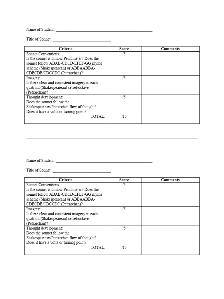 Sonnet Evaluation Criteria Rubric | PDF