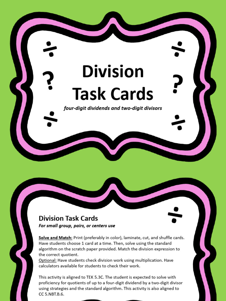 Division Task Cards: Four-Digit Dividends and Two-Digit Divisors | PDF ...