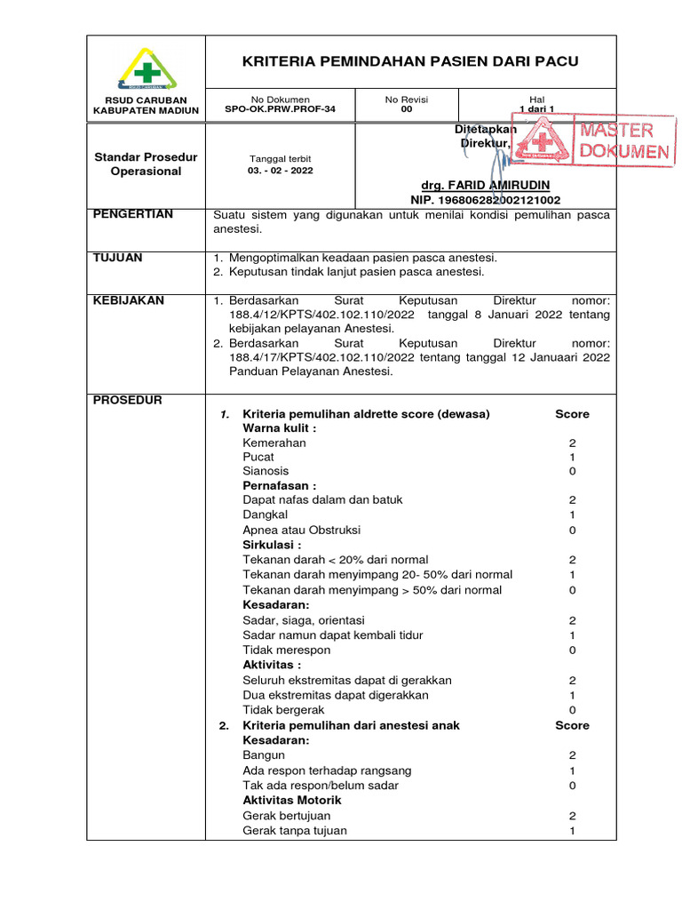 Spo Kriteria Pemindahan Pasien Dari Pacu.. | PDF