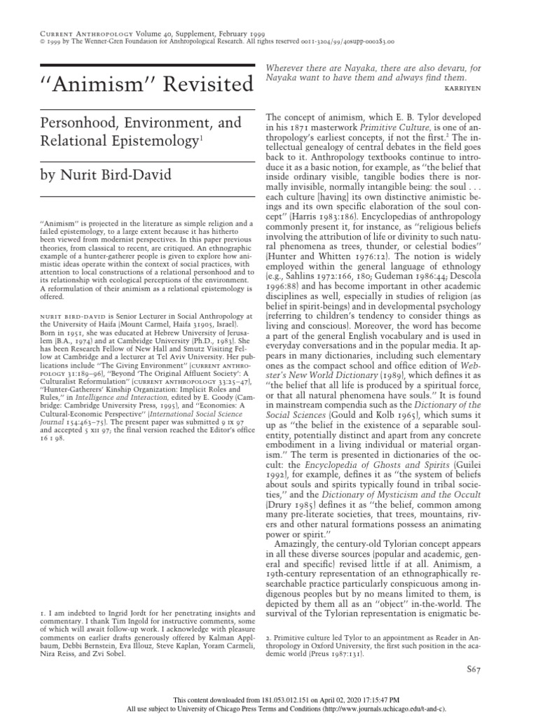 Nurit Bird-David - Animism Revisited. Personhood, Environment, and Relational Epistemology | PDF ...
