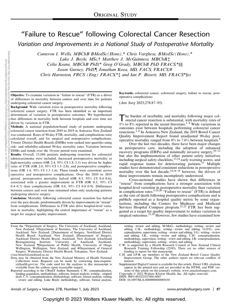 Failure To Rescue Following Colorectal Cancer.14 | PDF | Surgery ...