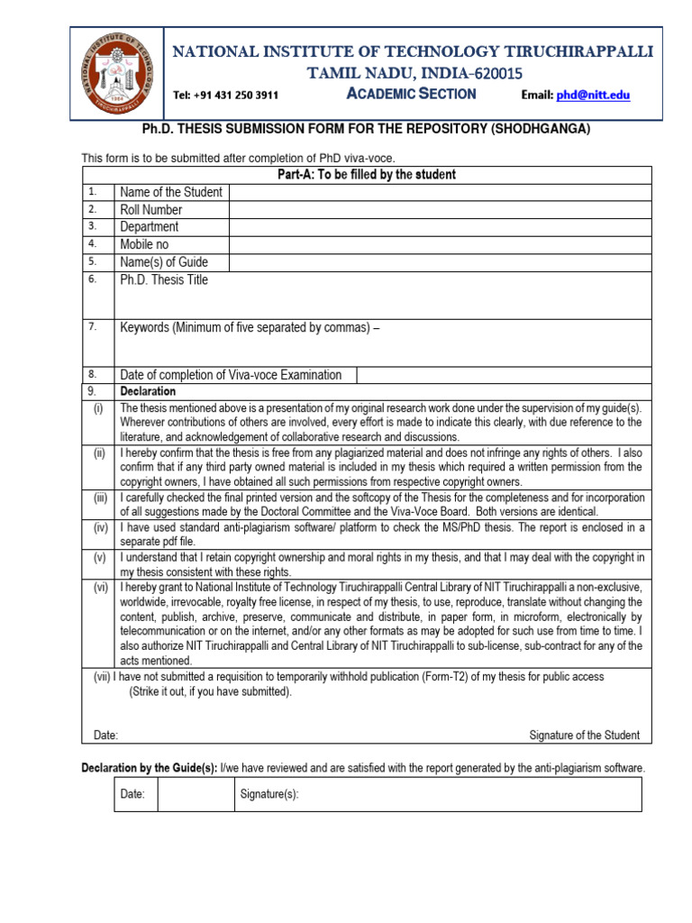 10C Form T1 PHD Thesis Submission For Repository NITT | PDF | Thesis ...