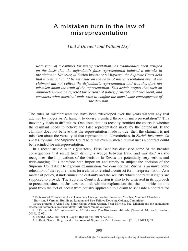Davies - Mistaken Turn in Misrep | PDF | Misrepresentation | Damages
