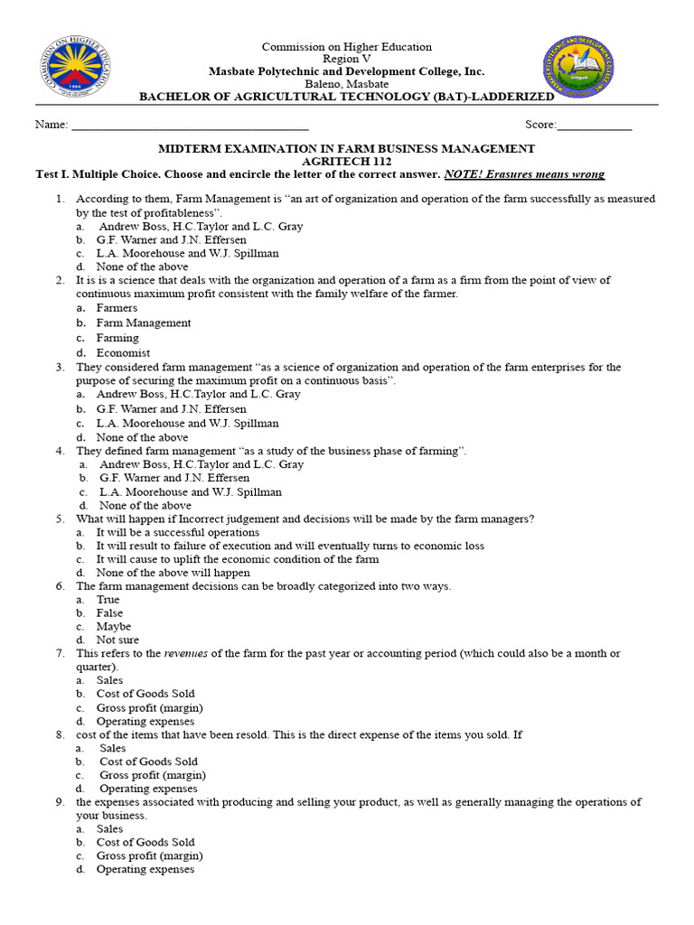 Midterm Exam: Farm Business Management | PDF | Expense | Equity (Finance)