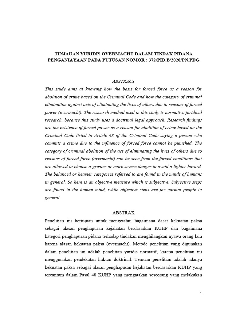 Tinjauan Yuridis Overmacht Dalam Tindak Pidana Penganiayaan Pada Putusan Nomor | PDF | Politik ...
