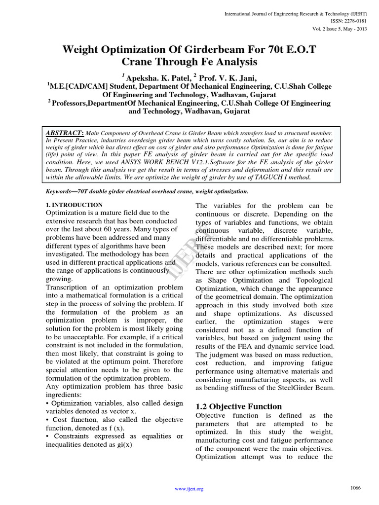 Weight Optimization of Girderbeam For 70t E.O.T Crane Through Fe Analysis IJERTV2IS50534 | PDF ...