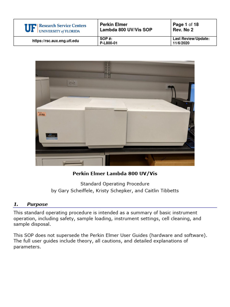Perkin Elmer Lambda 800 UV/Vis SOP Page 1 of 18 Rev. No 2: SOP #: P ...
