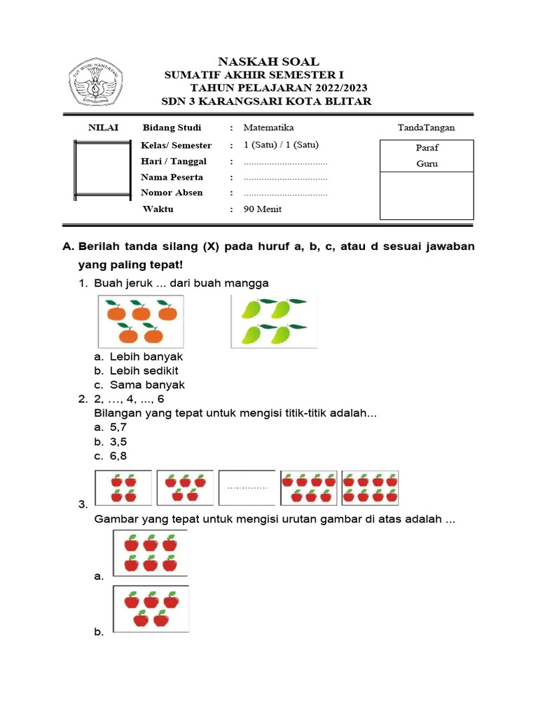 Sumatif Matematika Kelas 1 | PDF