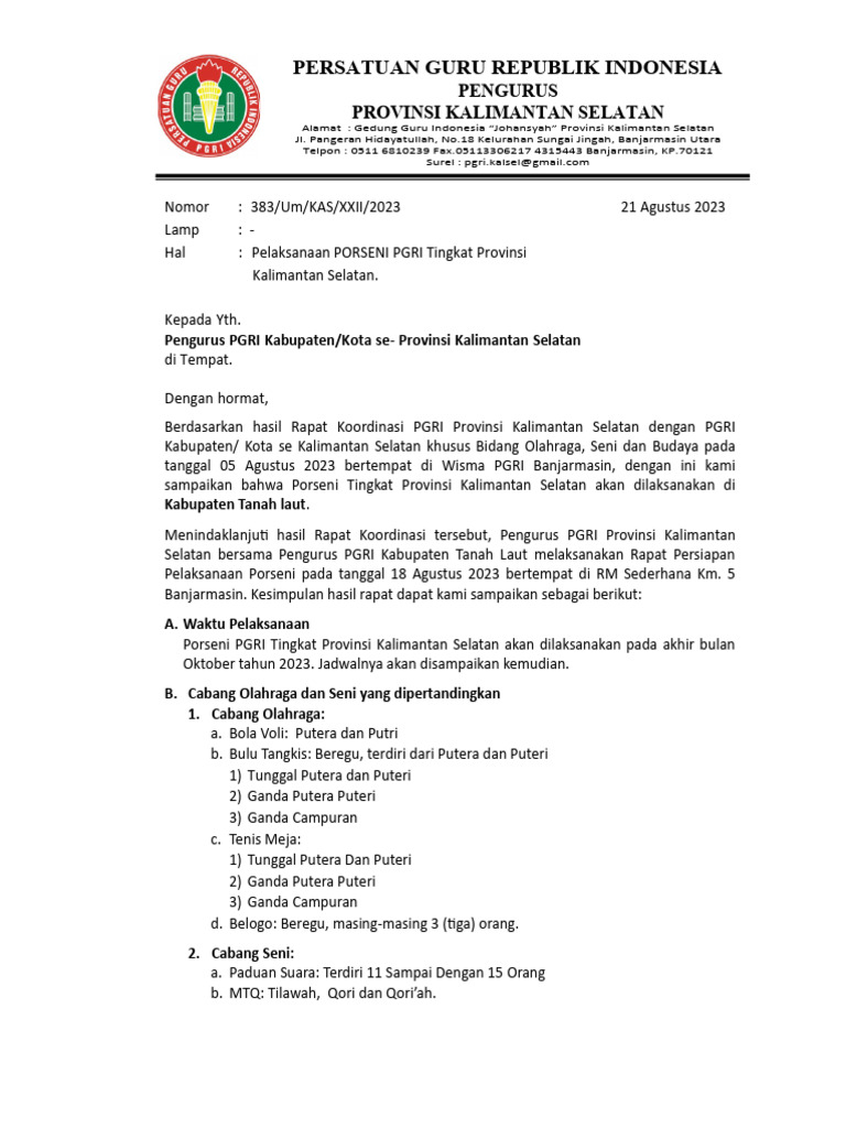 Surat Edaran Pelaksanaan Porseni Pgri Tingkat Provinsi Kalimantan Selatan-2 | PDF