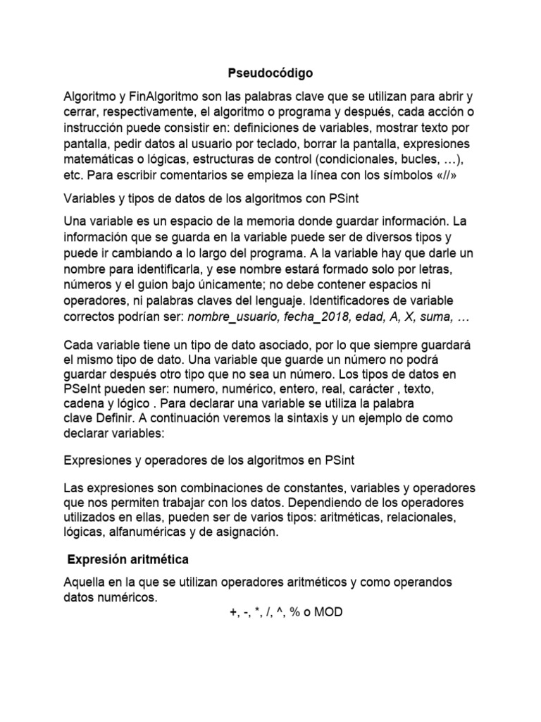 Pseudocódigo | PDF | Algoritmos | Tipo de datos