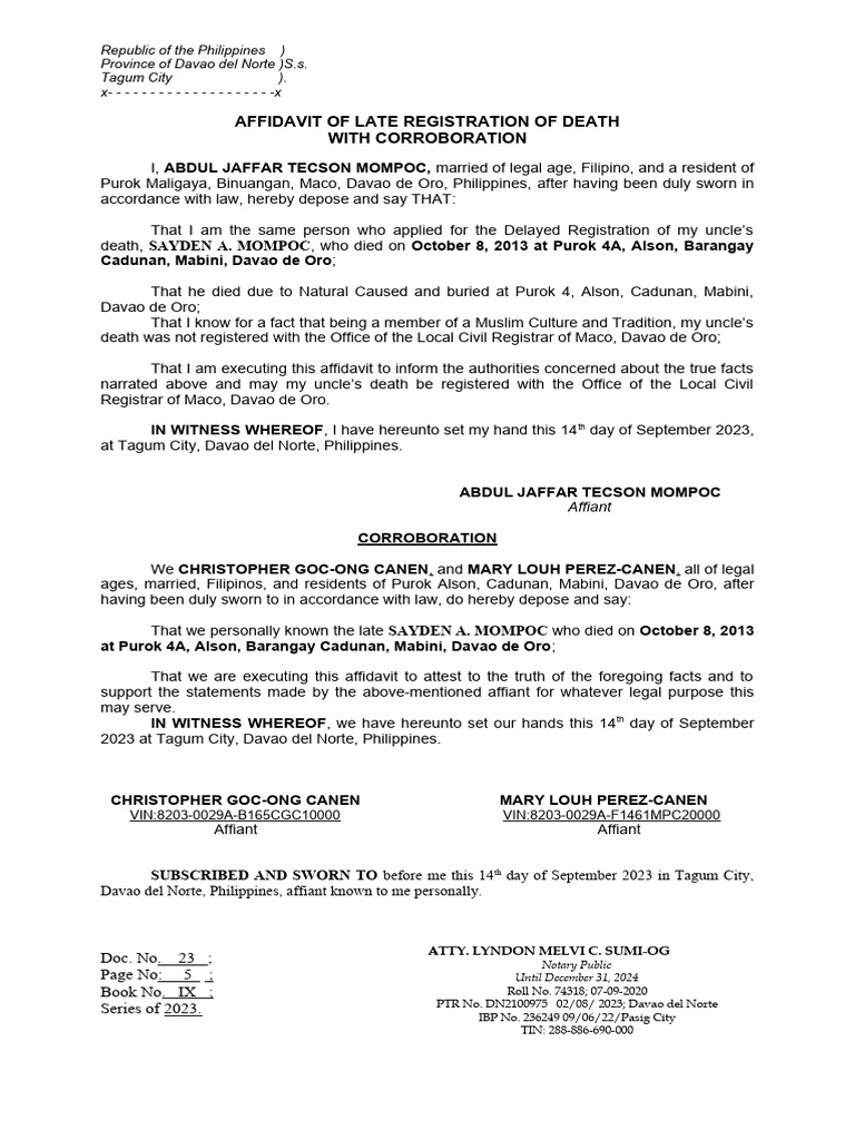 Affidavit of Late Registration Death | PDF | Affidavit | Evidence