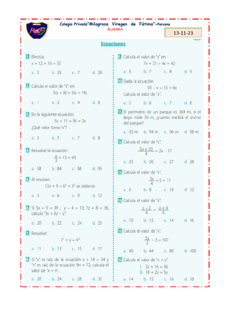 Algebra 5° Grado 13-11-23 | PDF