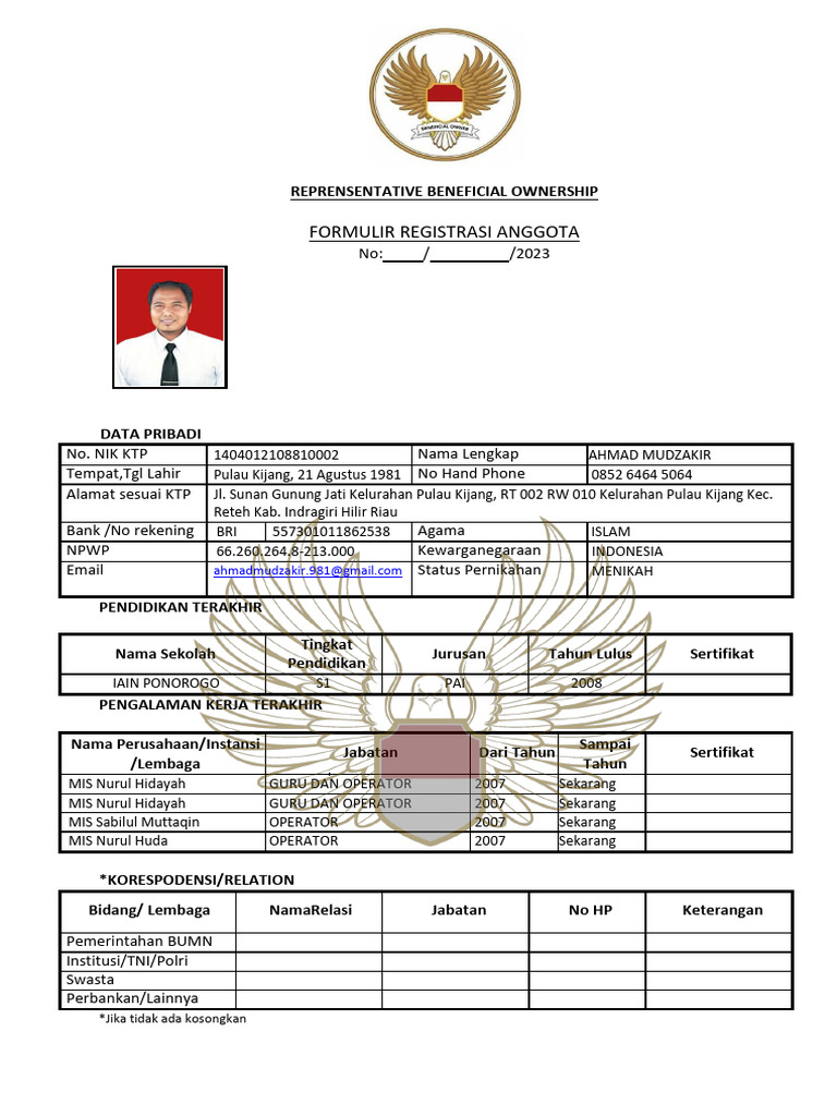 Form Personal Register AHMAD MUDZAKIR | PDF