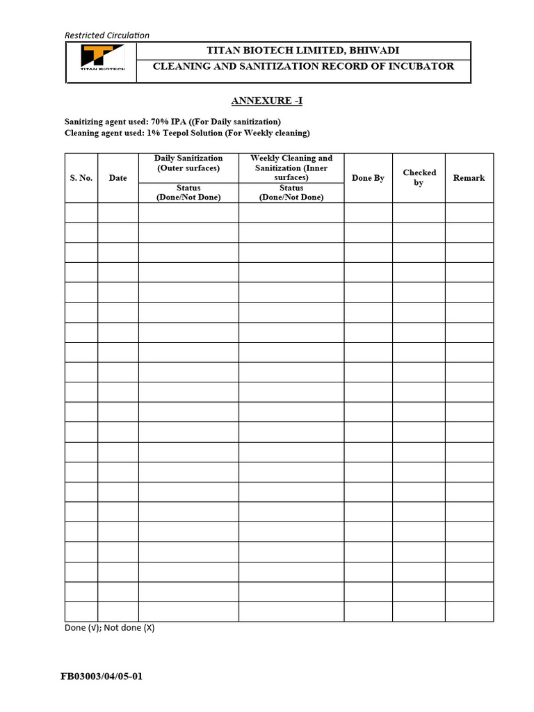 Annexure-1 Cleaning and Sanitization Record of Incubator | PDF