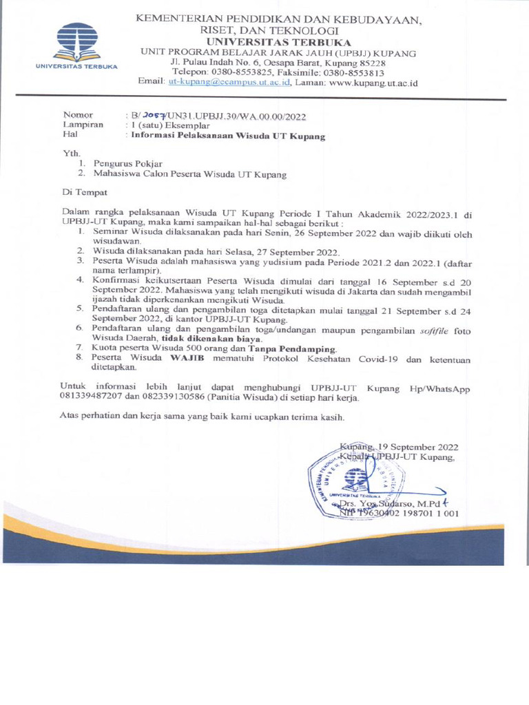 Surat Informasi Pelaksanaan Wisuda Daerah 2022 Dan Lampiran Nama | PDF