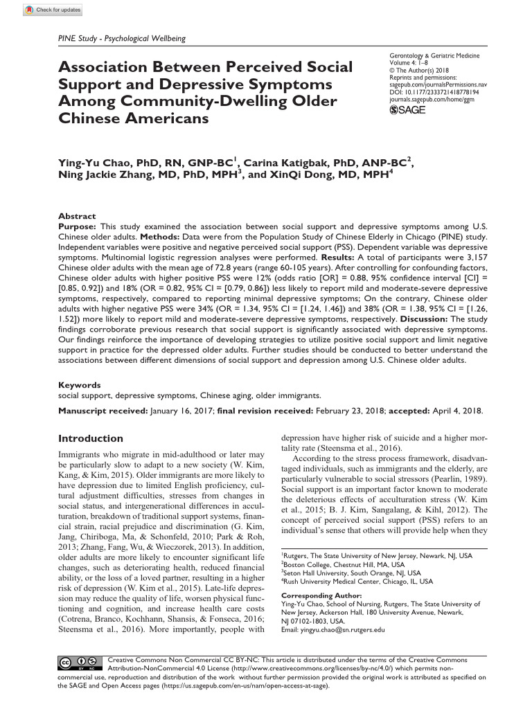 Chao Et Al 2018 Association Between Perceived Social Support and Depressive Symptoms Among ...