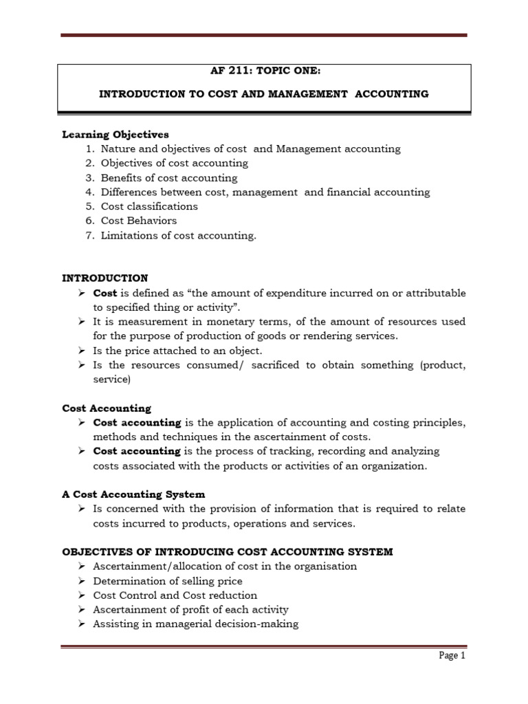Af 211 Topic One | PDF | Cost Accounting | Management Accounting