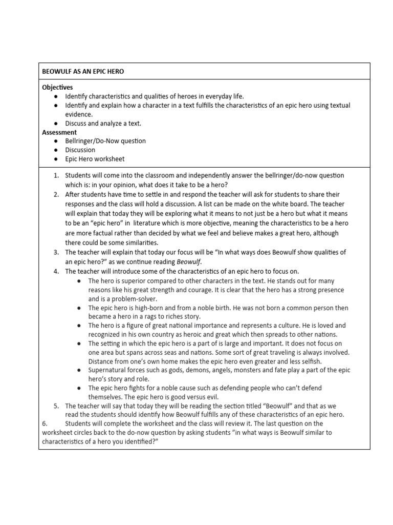 Lesson Plan Procedures | PDF | Hero | Beowulf