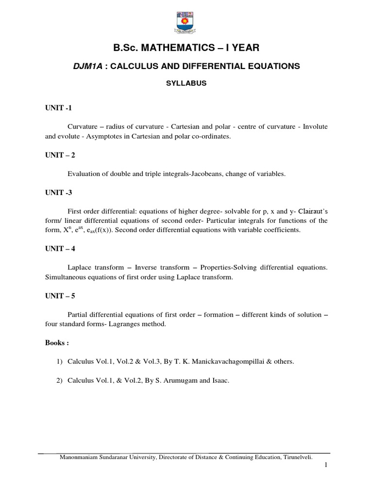 Calculus and Differential Equations Syllabus | PDF | Curvature | Equations