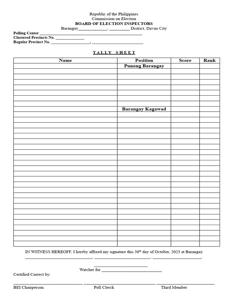 Tally Sheet 1 | PDF | Elections | Political Events