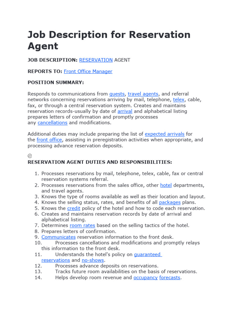 Job Description For Reservation Agent | PDF | Mail | Business