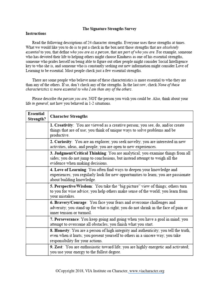Signature Strengths Survey | PDF | Courage | Behavioural Sciences