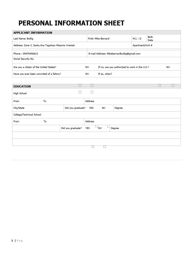 Personal Information Sheet Template | PDF