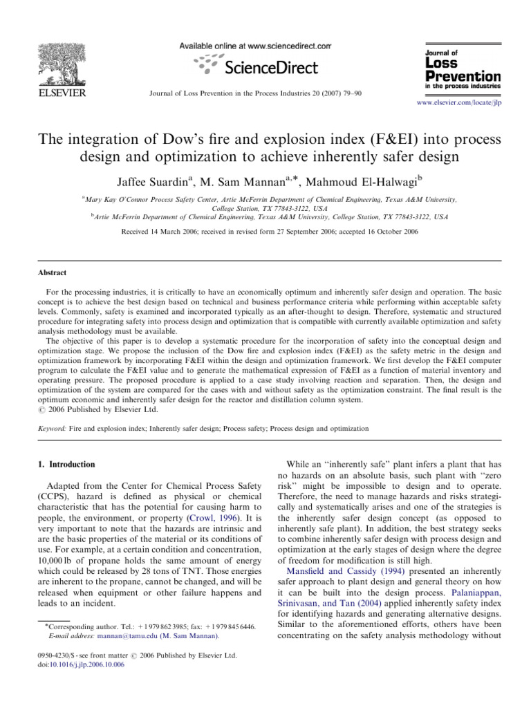 The Integration of Dow S Fire and Explosion Index 2007 Journal of Loss ...