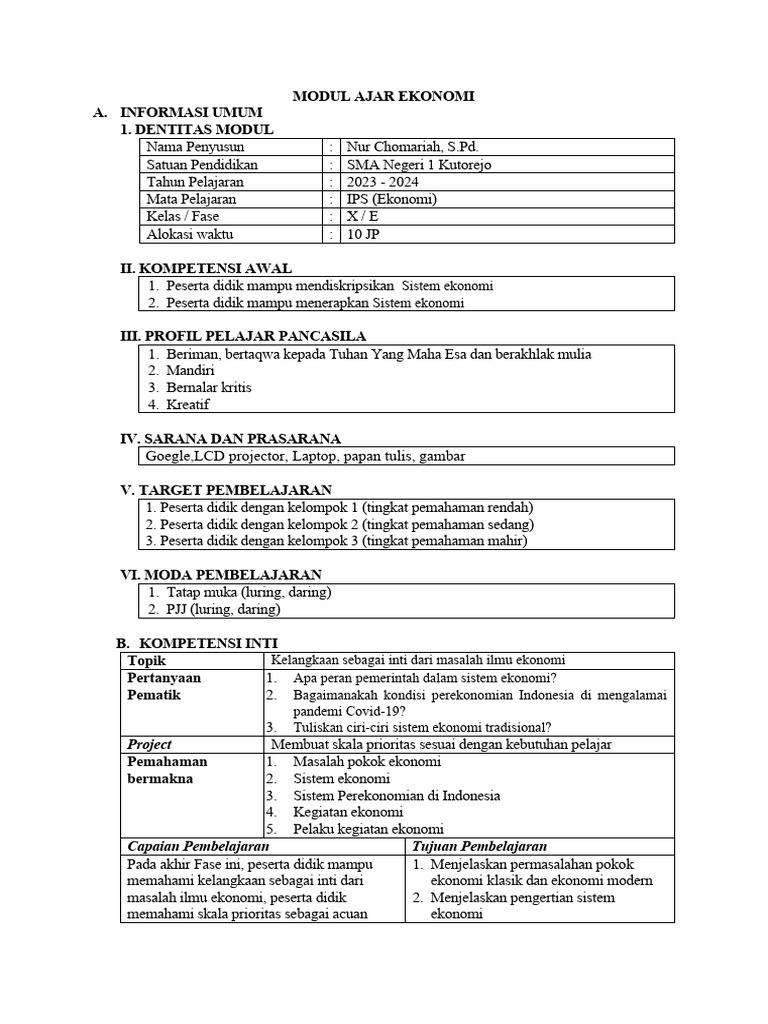 Modul Ajar Ekonomi Kelas X | PDF | Karier & Perkembangan | Seni