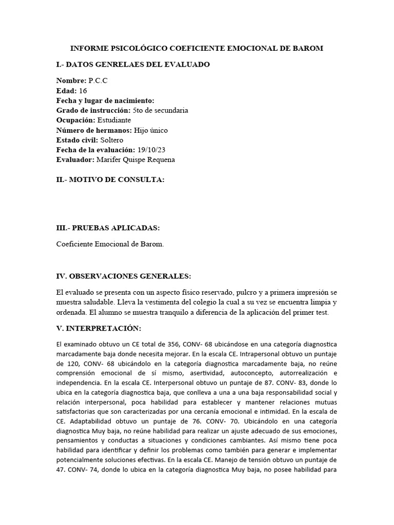 Informe Psicológico Coeficiente Emocional de Barom | PDF | Las emociones | Autoestima