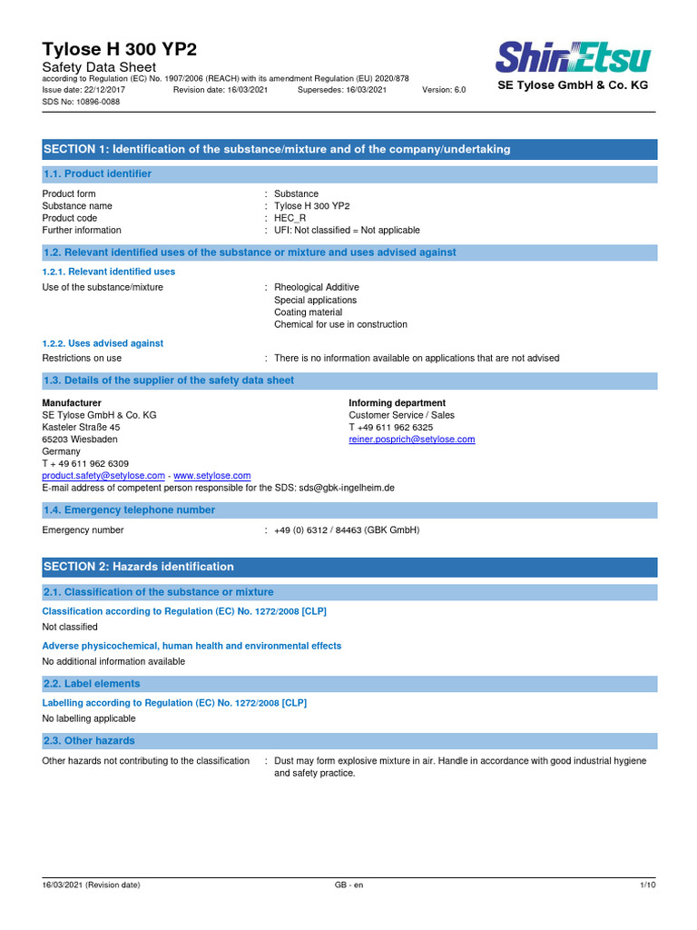 Sds Tylose H 300 Yp2 Gb-En | PDF | Working Conditions | Environmental ...