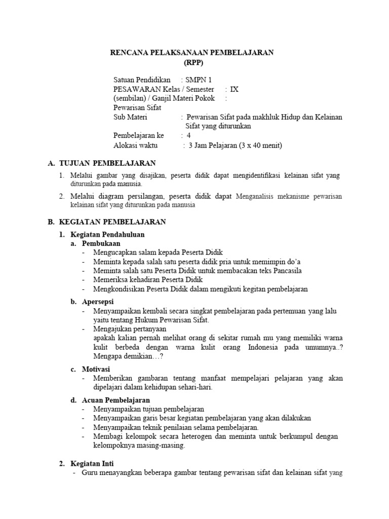 RPP Pewarisan Sifat Kelas IX | PDF