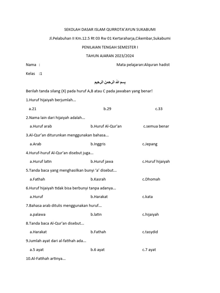 Soal Alqur'an Hadist Kelas 1 | PDF