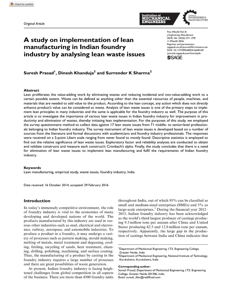 Prasad Et Al 2016 A Study On Implementation of Lean Manufacturing in Indian Foundry Industry by ...